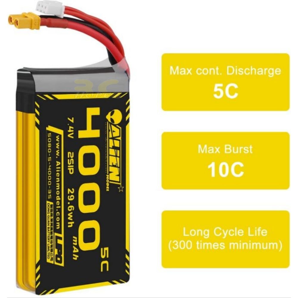 Alienmodel 2S 7.4V 4000mAh 5C Lipo Battery with XT30 Plug Compatible ...