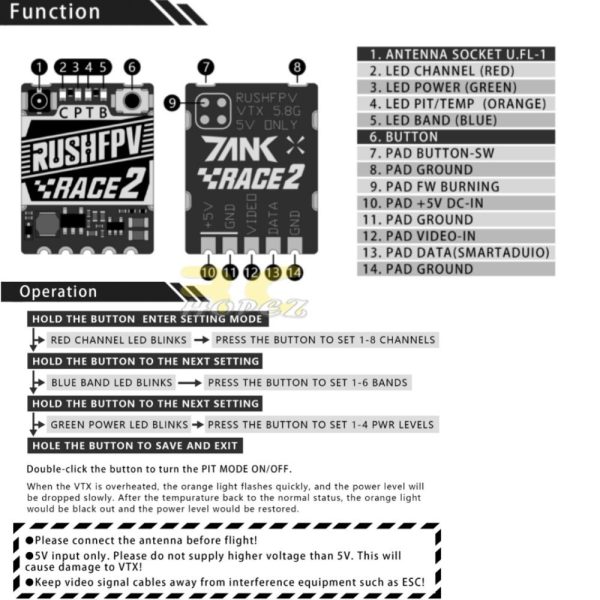 Rush Tank RACE II 5.8G 48CH PIT/25/100/200mW/MAX Adjustable VTX 20X15mm ...